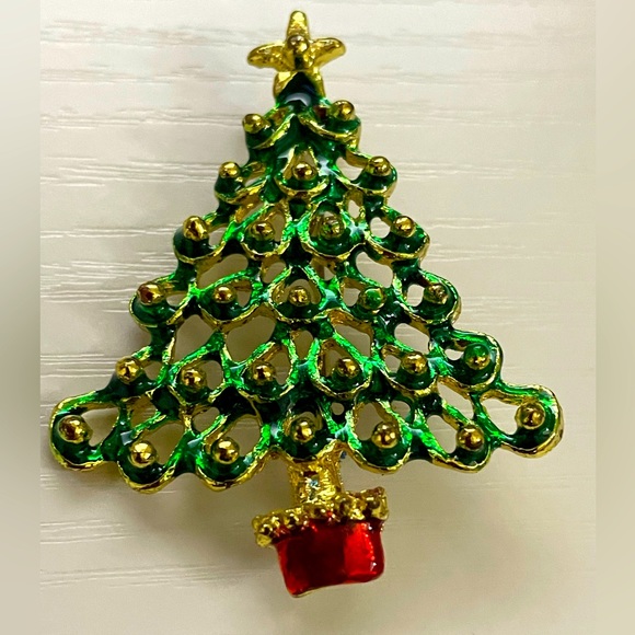 Jewelry | Vintage Christmas Holiday Tree Brooch Pin Red Green Gold ...